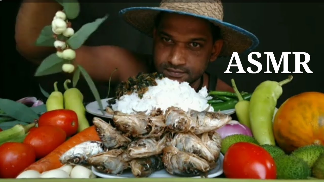 White rice, Fried fish with raw vegetable collection/ Food eating show ...