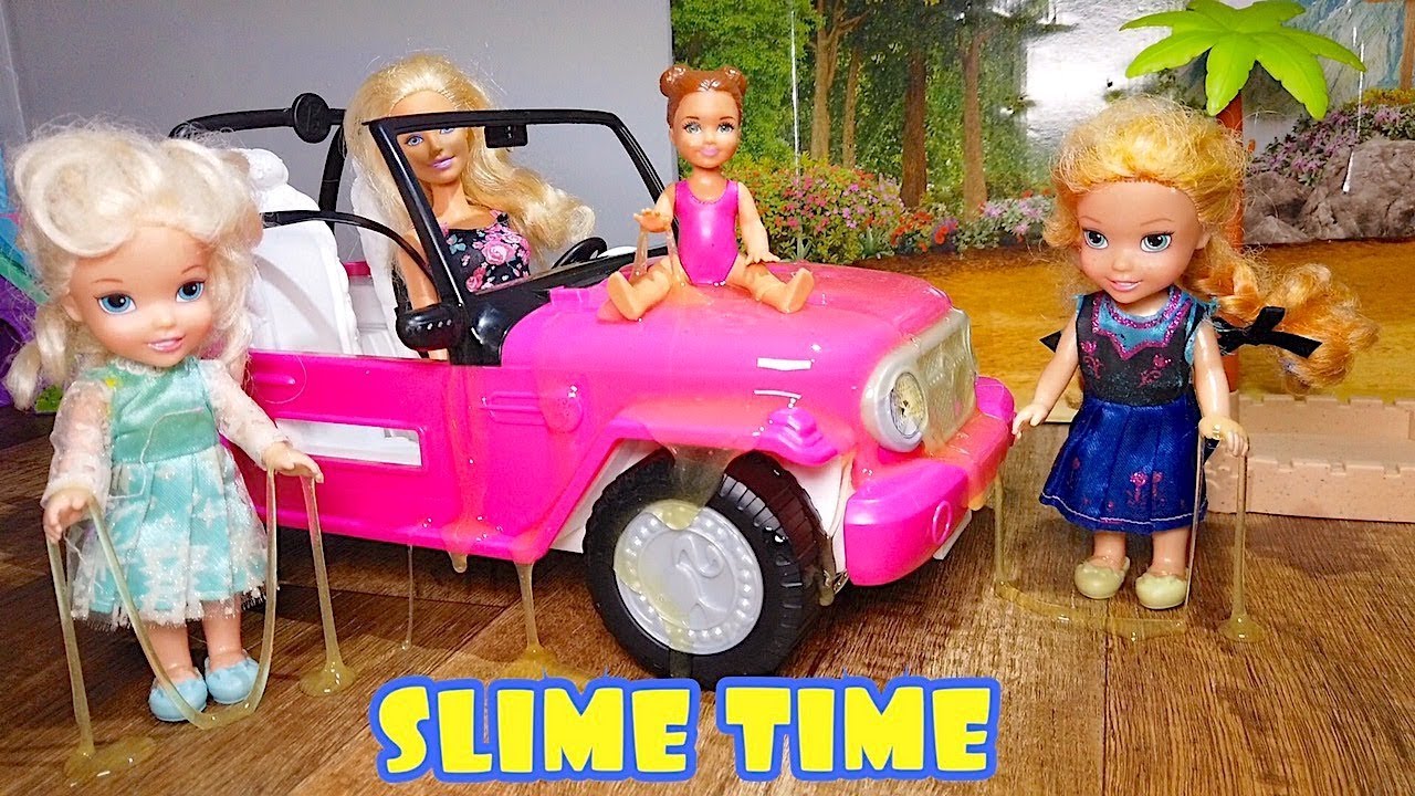 Elsa and Anna Slime attack on Barbies Jeep - YouTube