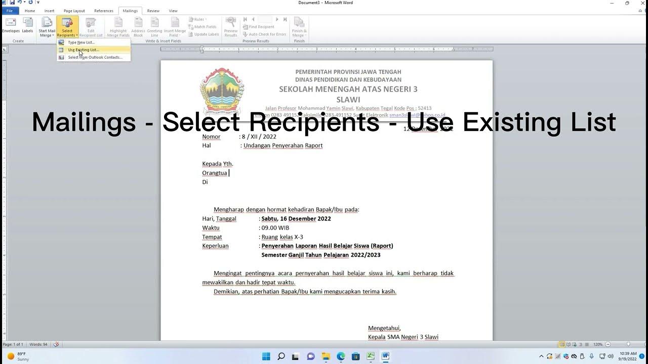 Cara Membuat Mail Merge | Integrasi Ms. Excel dan Ms. Word - YouTube