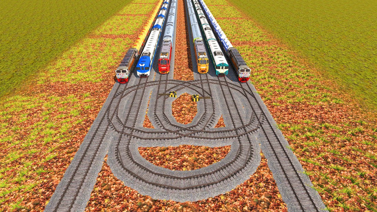 4 PASSENGER & FREIGHT OIL TRAINS CROSSING ON TRIPLE LOOPING RAILROAD ...