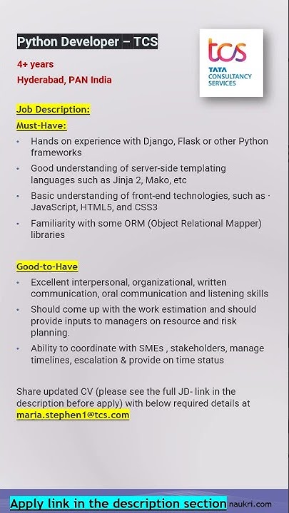 TCS | Python, Django, Flask Developer | Hyderabad | Full Stack #shorts #ytshorts - YouTube