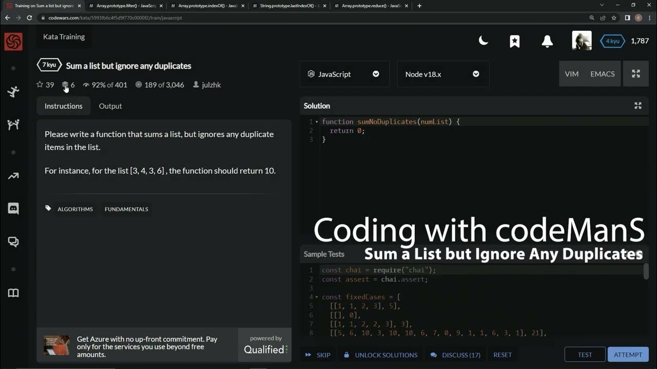 Codewars 7 Kyu Sum A List But Ignore Any Duplicates Javascript Youtube