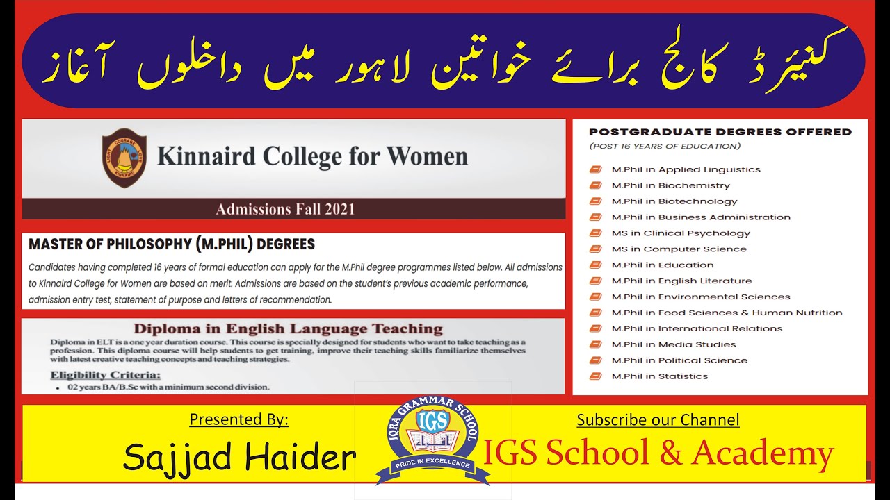 Kinnaird College For Women Lahore M.Phil, MS, English Diploma ...