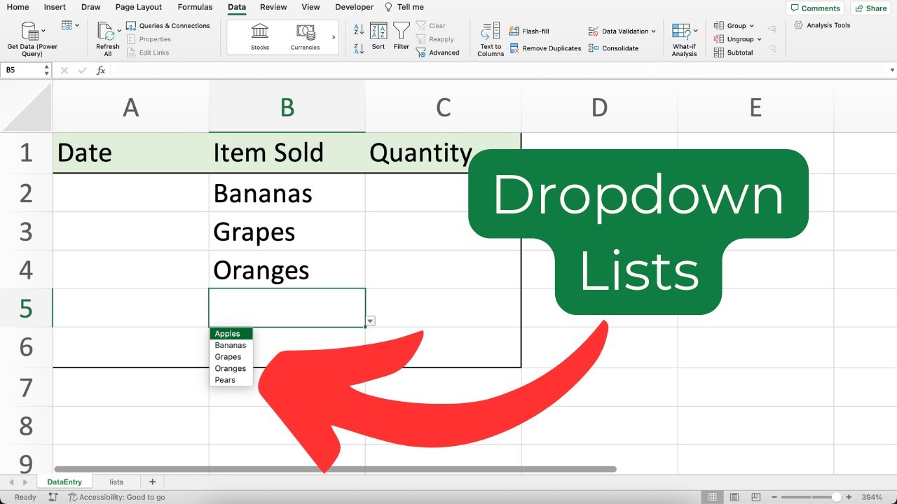 Drop Down List in Excel in Worksheet Cell - YouTube