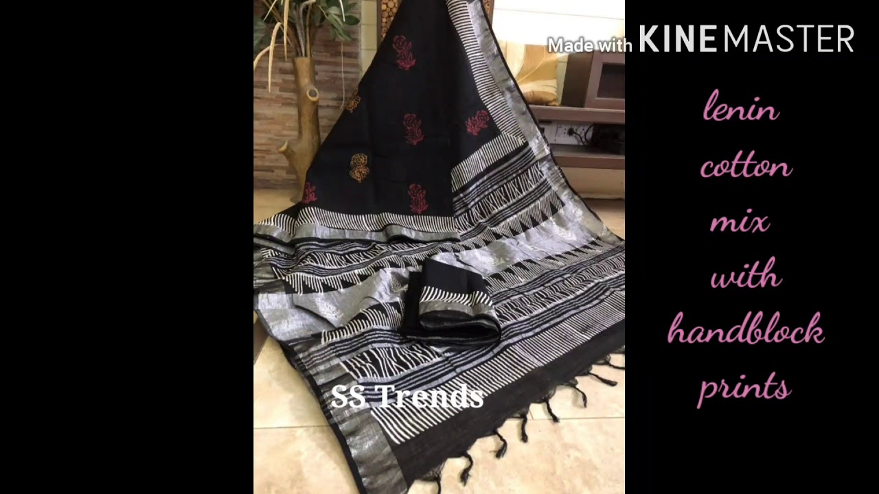 Lenin and cotton mix sarees # hand block print - YouTube