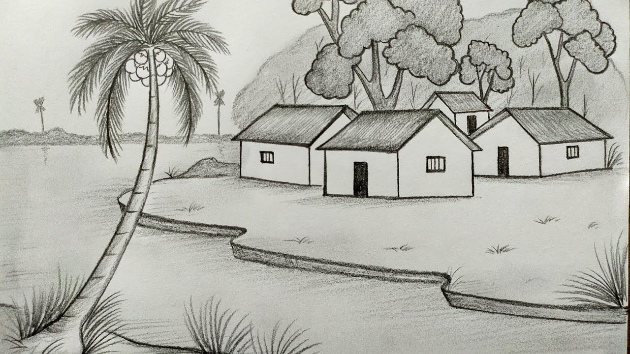 Easy Village Drawing tutorial||Gramer Drissho Drawing Step by Step ...