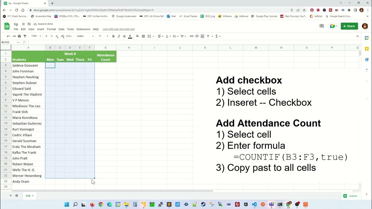 Excel Tips and Tricks - Online Attendance Sheet With Checkbox In Google Sheet - YouTube