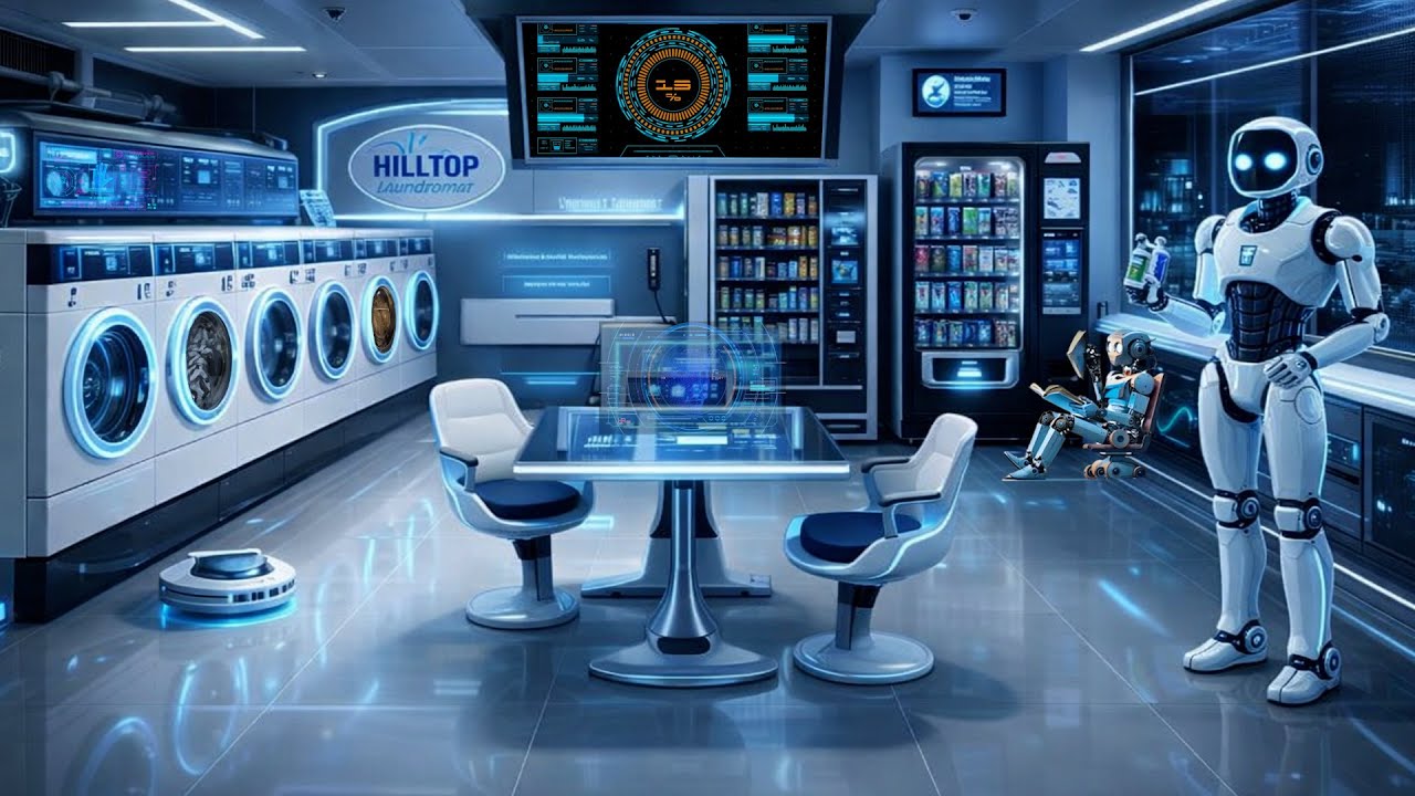 Futuristic AI Laundry Room Ambience | Robot Laundromat, Washer Sounds ...