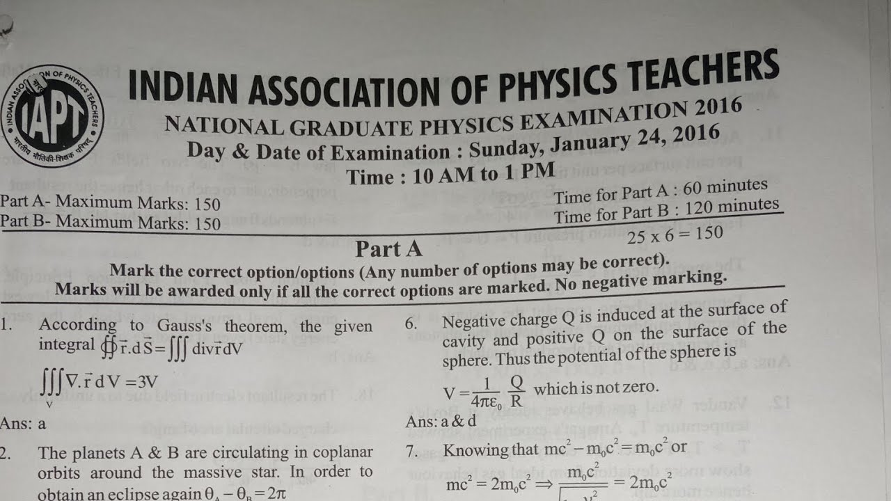 NGPE(National Graduate Physics Examination)-2016 Full questions Papers ...