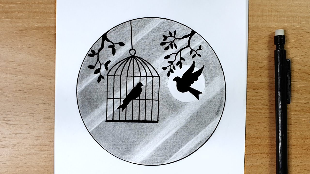 How to Draw Birds in Freedom and in a Cage | Easy Pencil Drawing ...