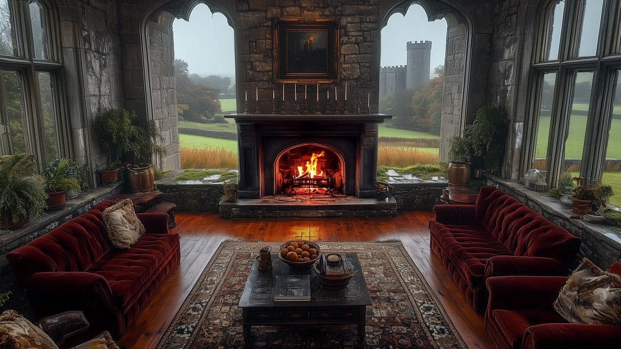 🍁 Rainy Autumn Castle Fireplace Ambience | Cozy Relaxation, Reading ...