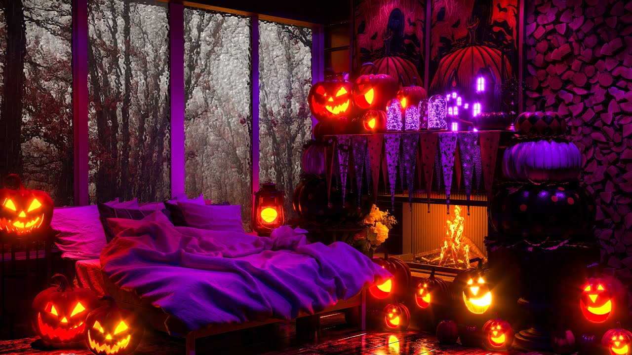Spooky Halloween Ambience 🎃 Burning Fire, Crackling Fireplace Sounds ...