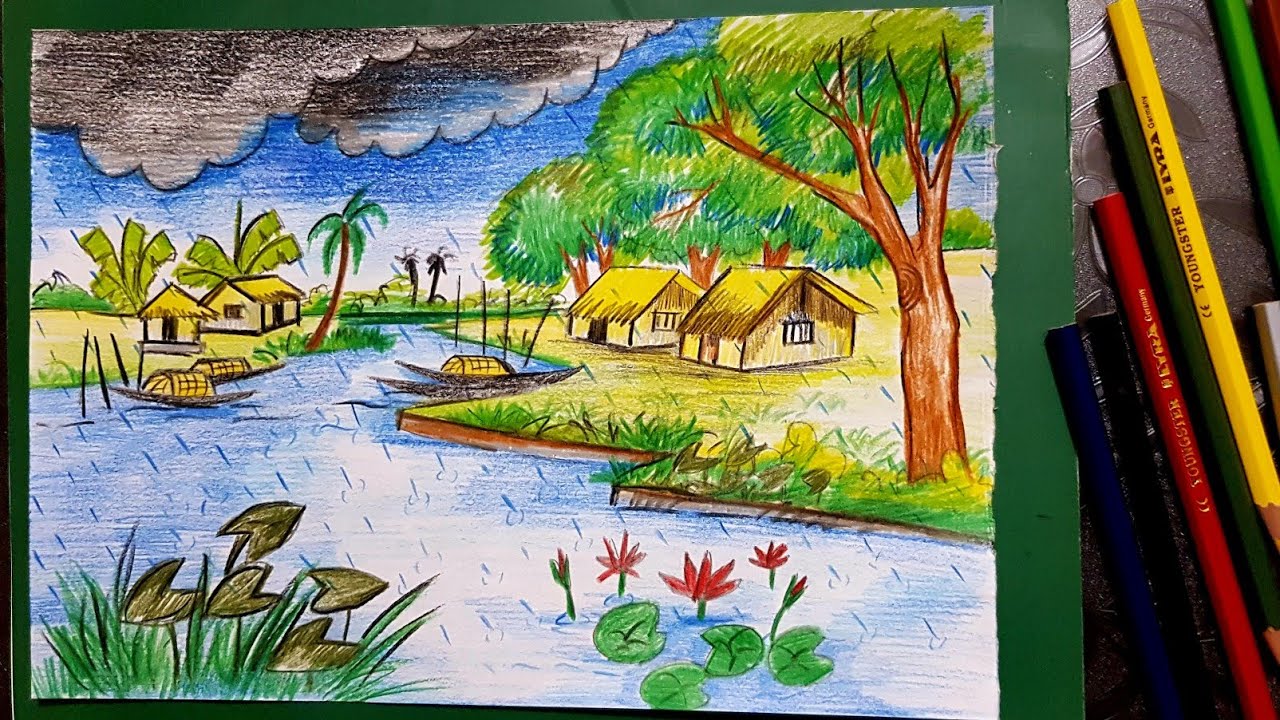 How to draw scenery of rainy season (very easy way) | Rainy Day Scenery ...