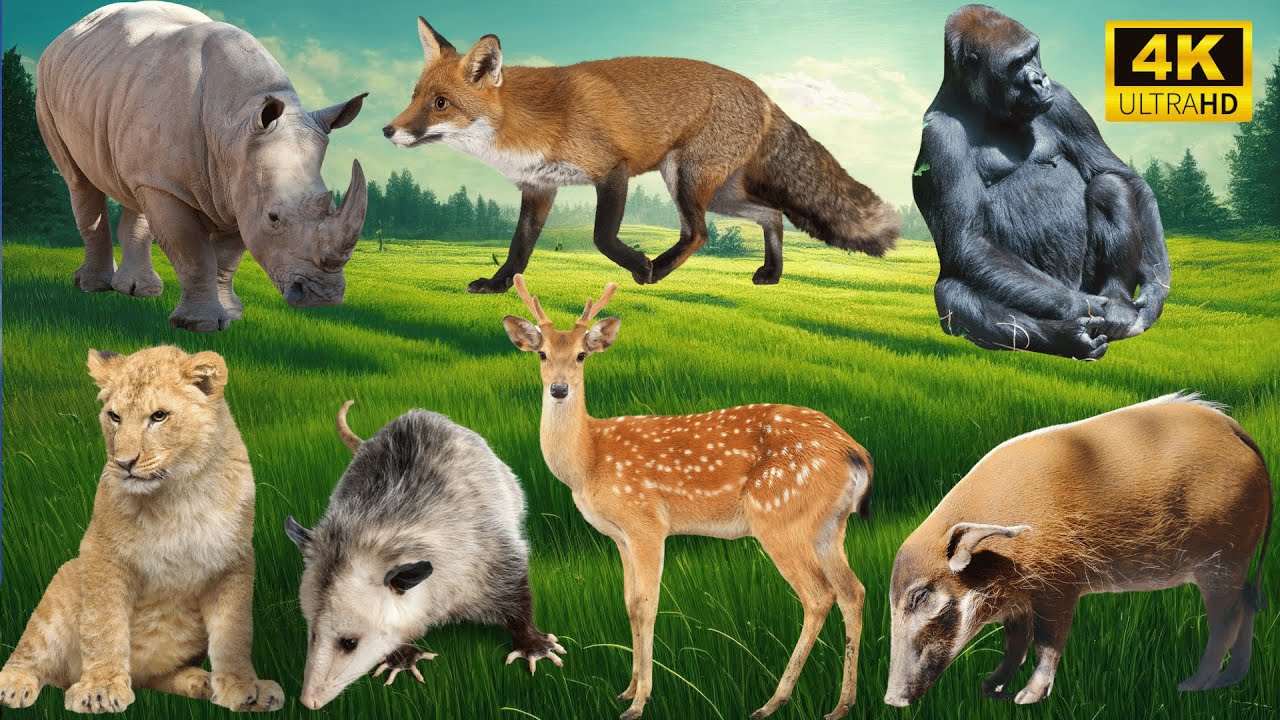 4K Wild Animal Sounds: Rhinoceros, Fox, Chimpanzee, Lion, Deer, Pig ...