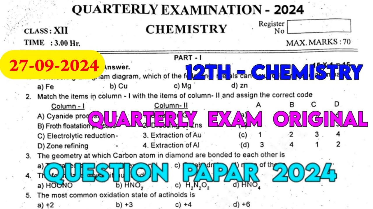 12th Chemistry quarterly question paper 2024 | 12th Chemistry Quarterly ...