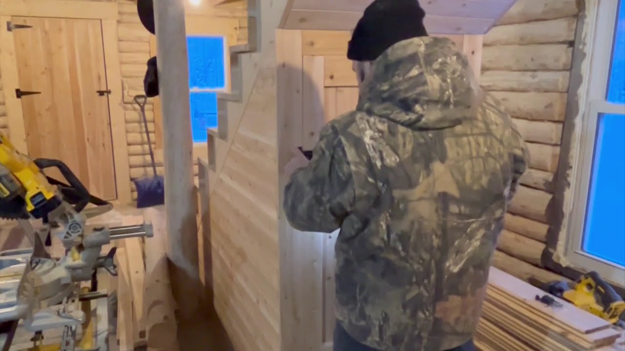 Building an off grid log cabin,working on the ceiling and finishing the ...