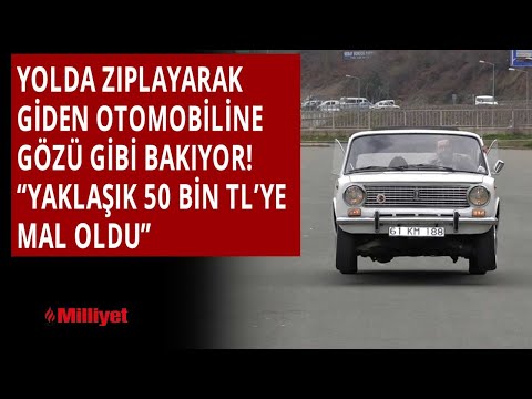 Yolda zıplayarak giden otomobiline gözü gibi bakıyor! \