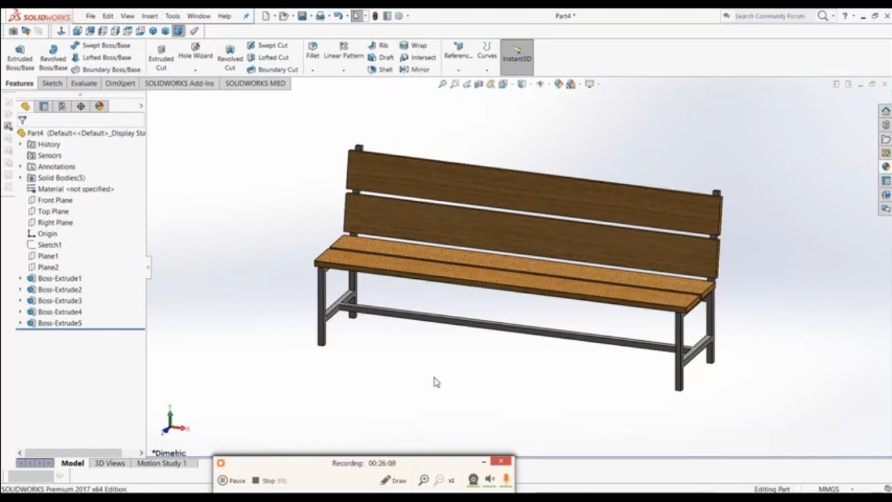 SolidWorks tutorial for Beginners Bench in Telugu #youtube #design #solidworks - YouTube