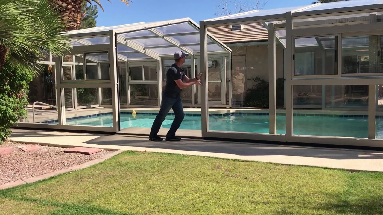 Retractable Pool Enclosure Opening Manually by Covers in Play - YouTube