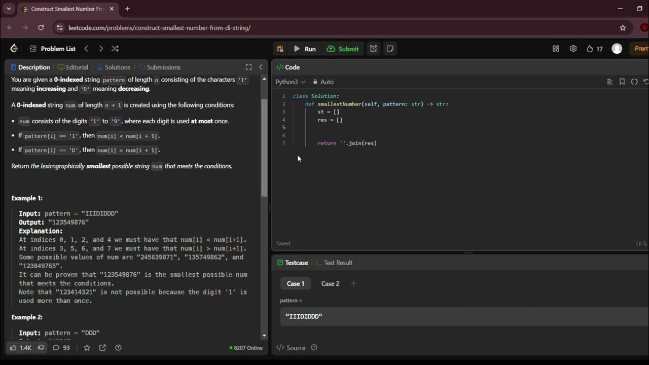 Leetcode Daily - 2375. Construct Smallest Number From DI String - YouTube