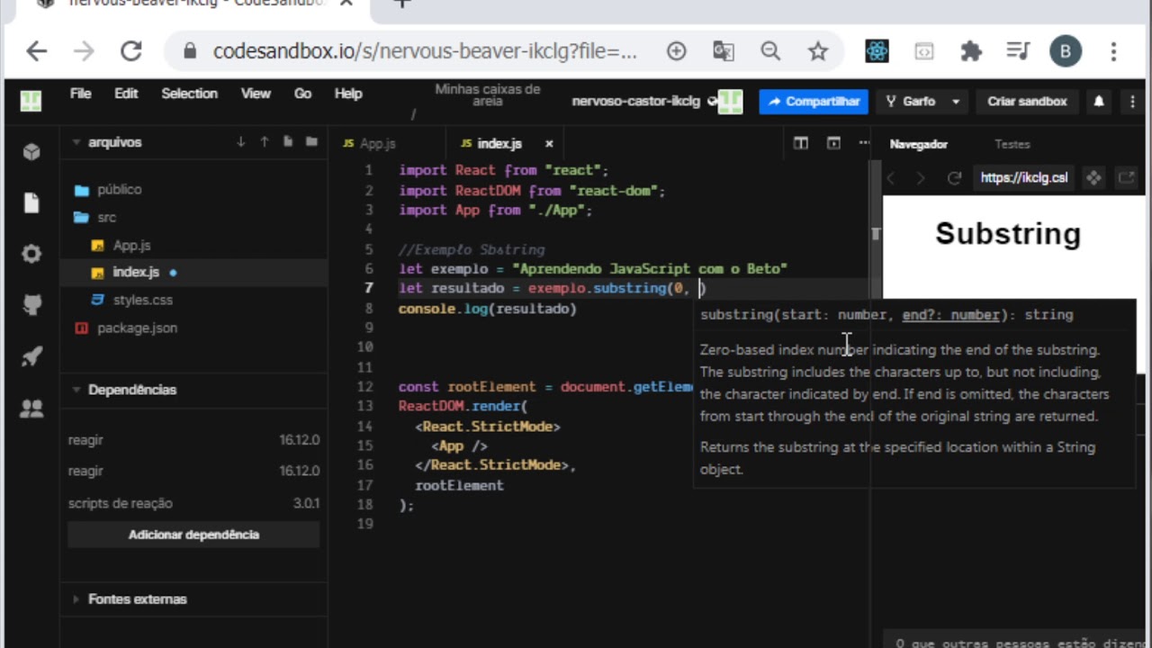 Codesandbox Substring Selecionando A Parte De Uma String 43 Youtube