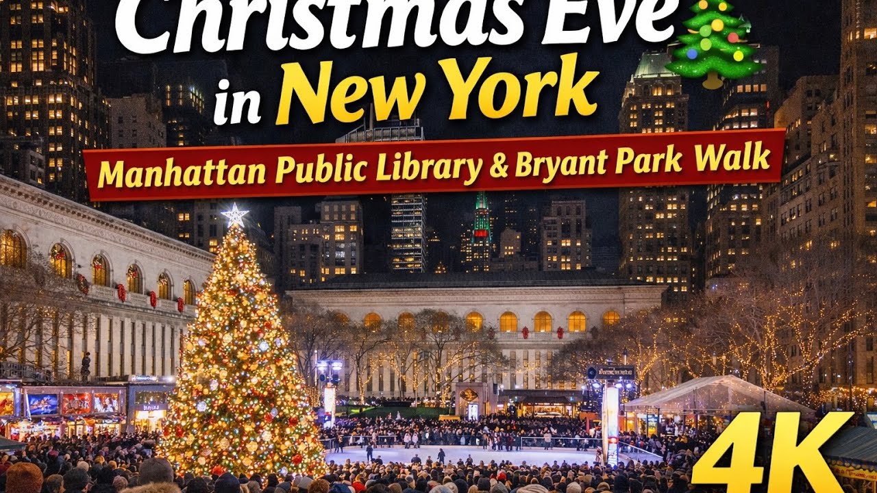 Christmas Eve in New York 🎄 4K Manhattan Public Library & Bryant Park ...
