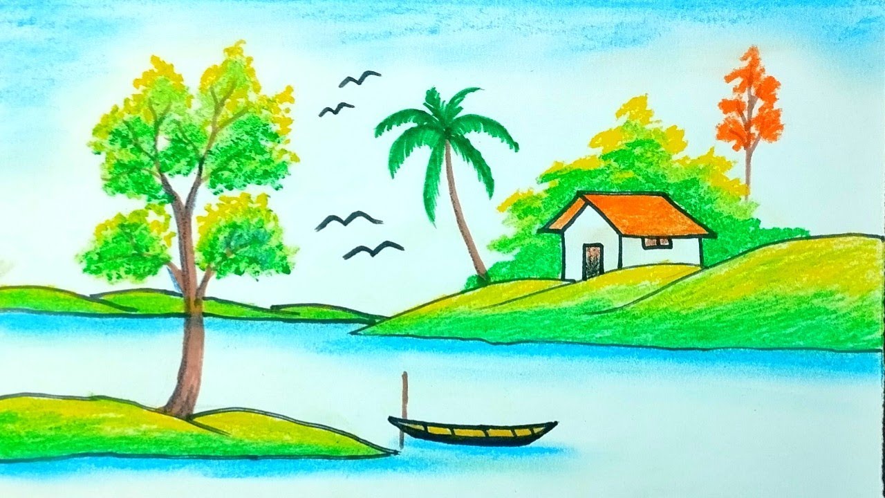 How to draw Riverside village scenery step by step (easy draw) Village ...