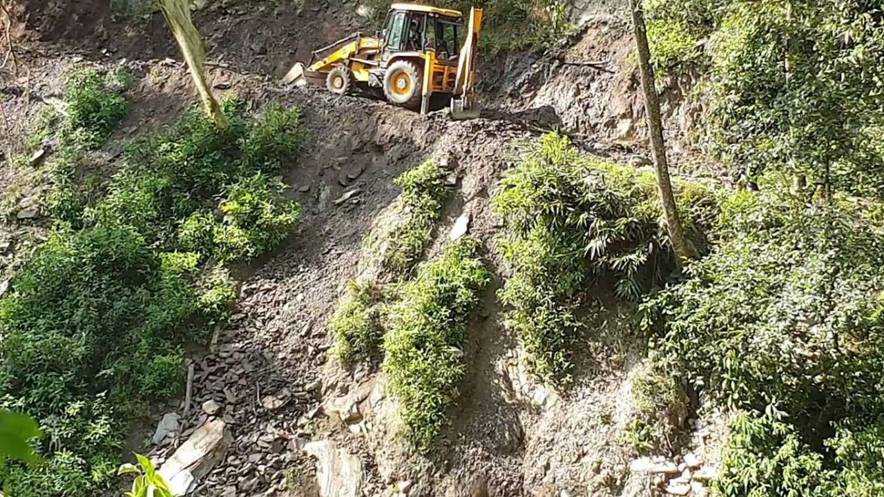 JCB Backhoe Loader-Removing Landslide-Opening Blocked Hilly Road - YouTube