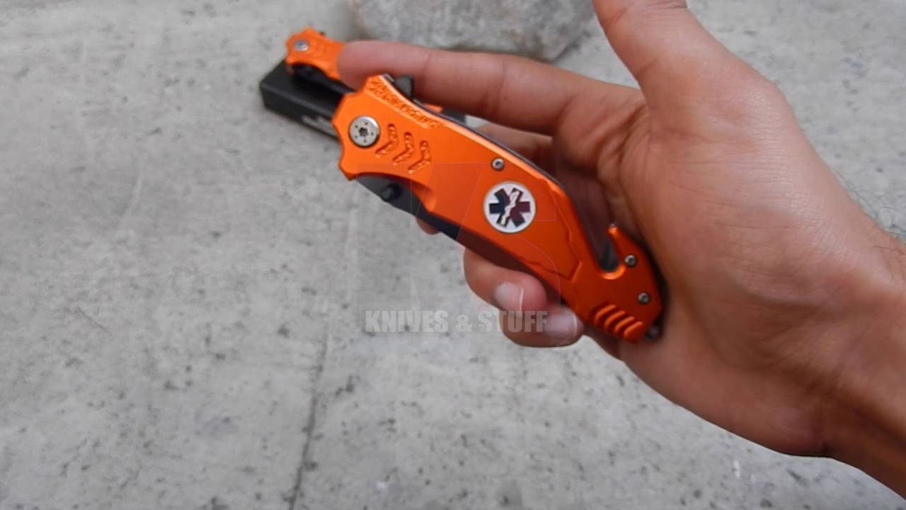 EMT EMS Orange Spring Assisted Rescue Tactical Pocket Knife - YouTube