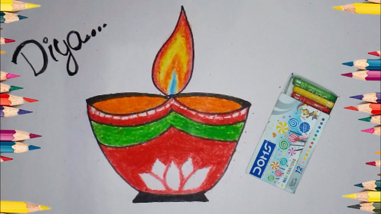 how to draw diya with doms wax crayons | easy diya | draw diya | diwali ...