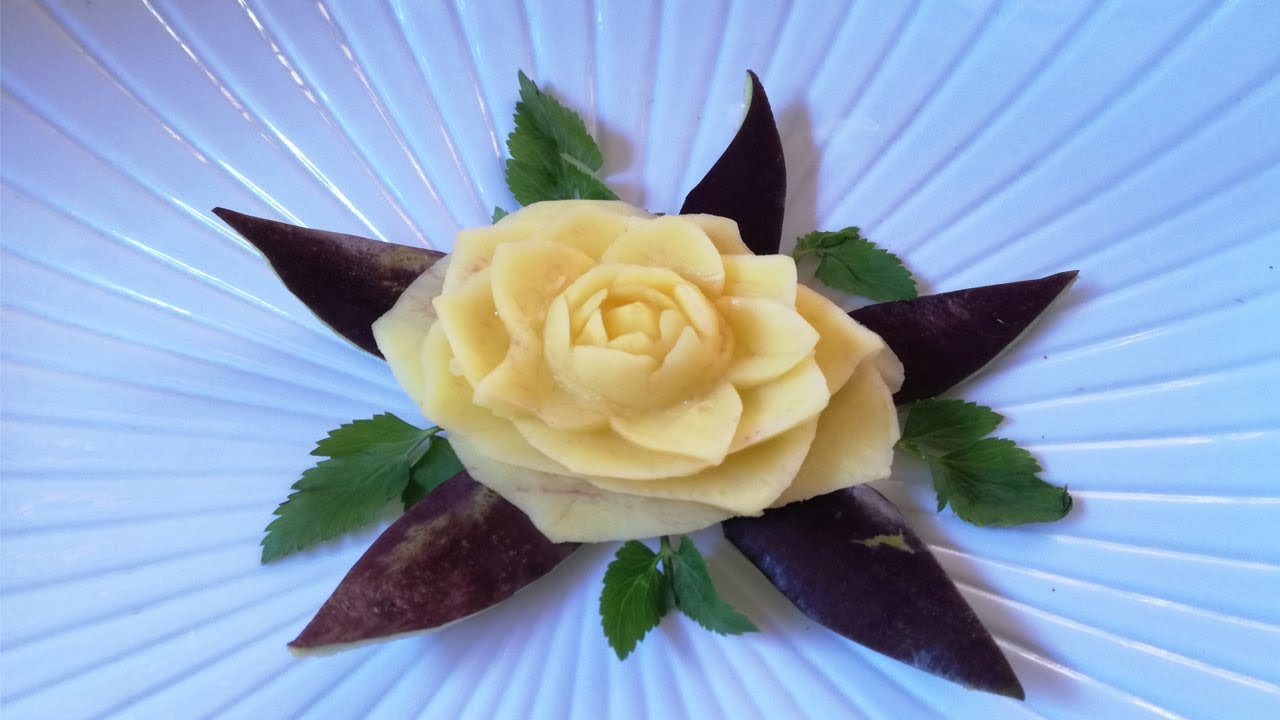 Art Of Potato Carving In Rose And Garnish With Eggplant Vegetable - YouTube