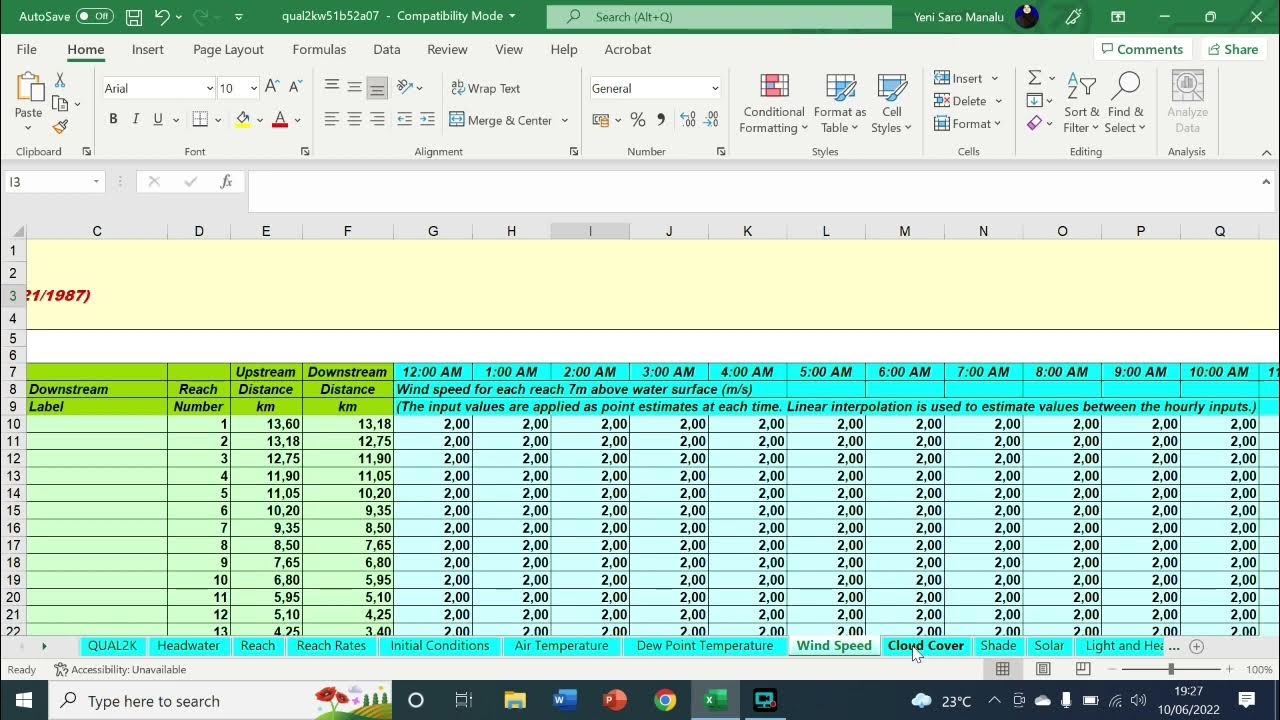 Lembar Kerja Wind Speed & Cloud Cover Qual2Kw | Qual2Kw Wind Speed ...