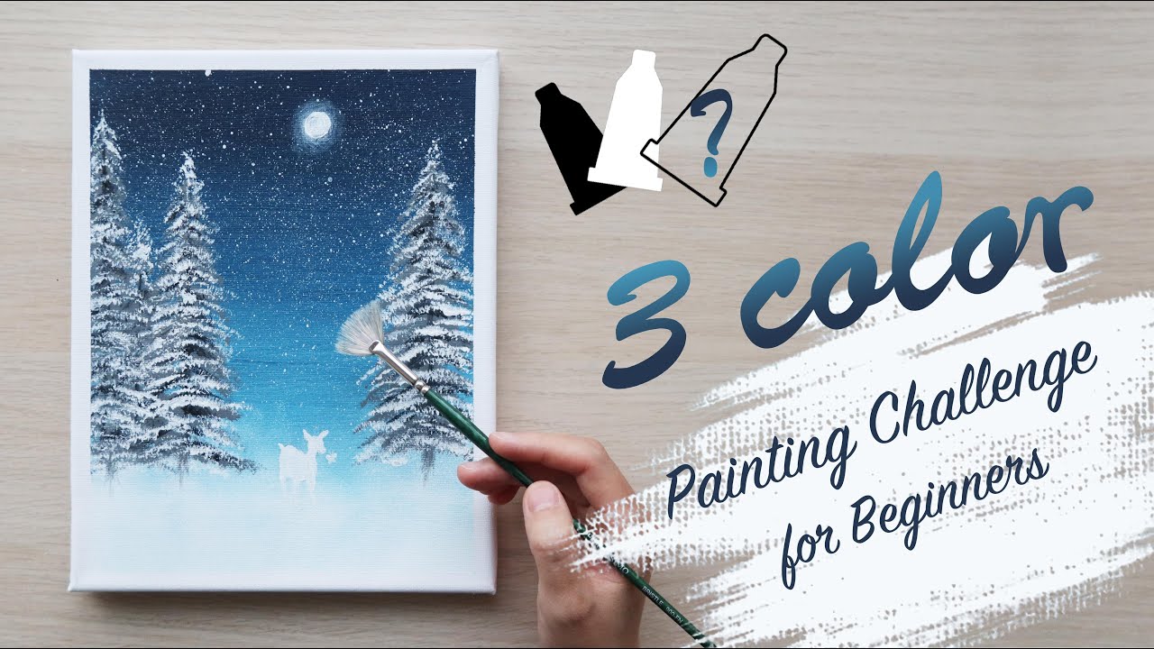 3 color painting challenge for beginners / Deer in forest / Snowy pine ...