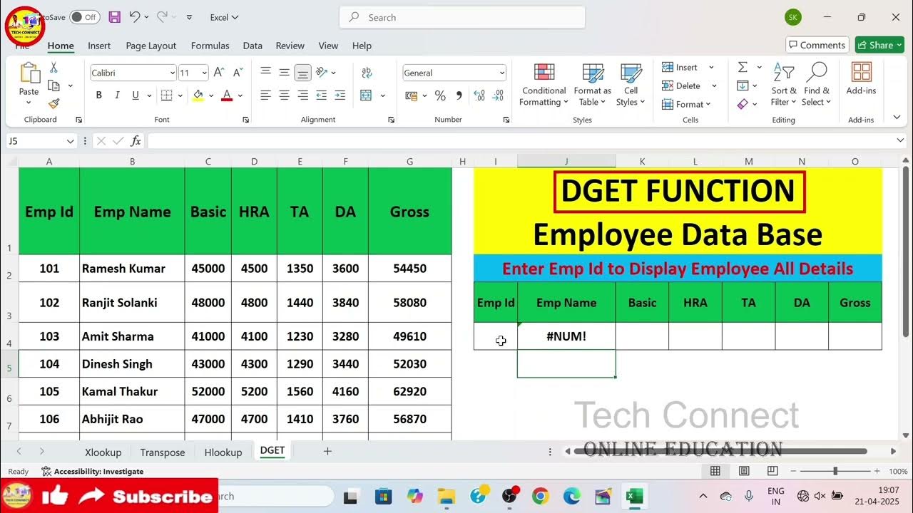 DGET Function in Excel : How to use for Retrieving from large database - YouTube