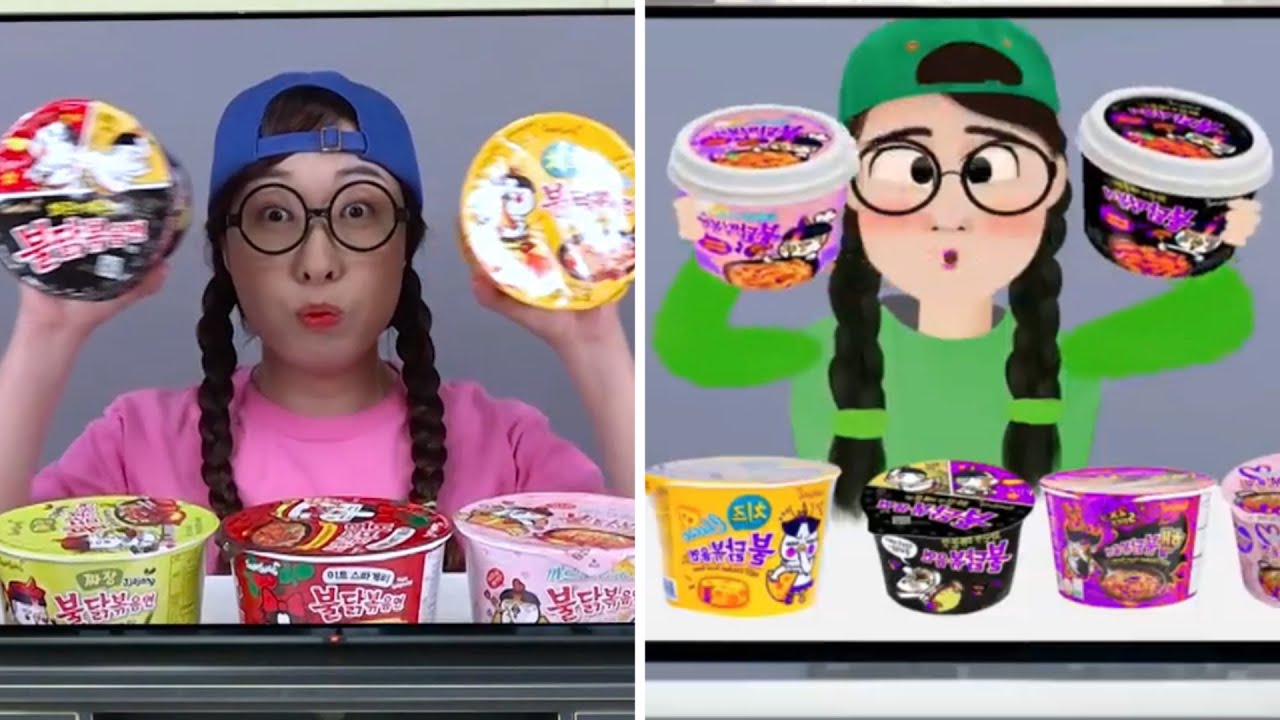 COMPARE -먹방 Mukbang Fire Spicy Noodle DONA 도나 VS Animation DONA NEW ...
