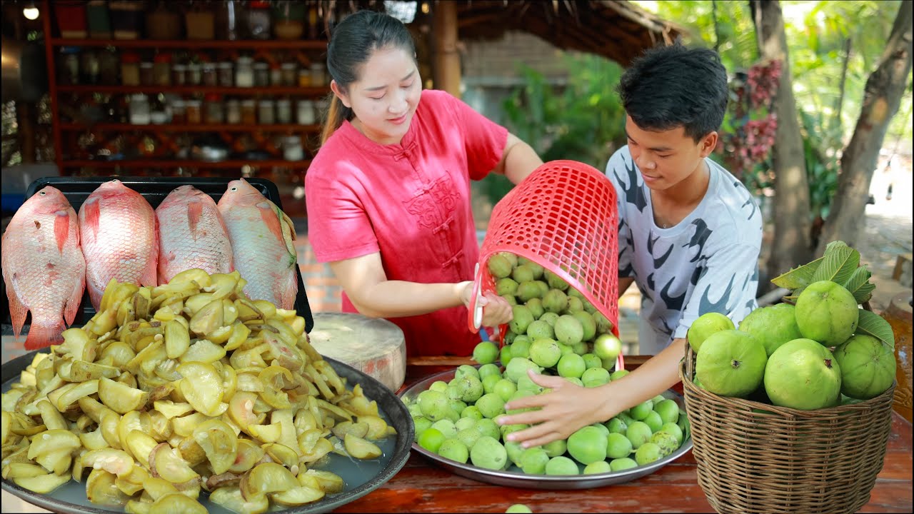 Young green water melon pickle and cooking, Pick guava and spicy salt ...
