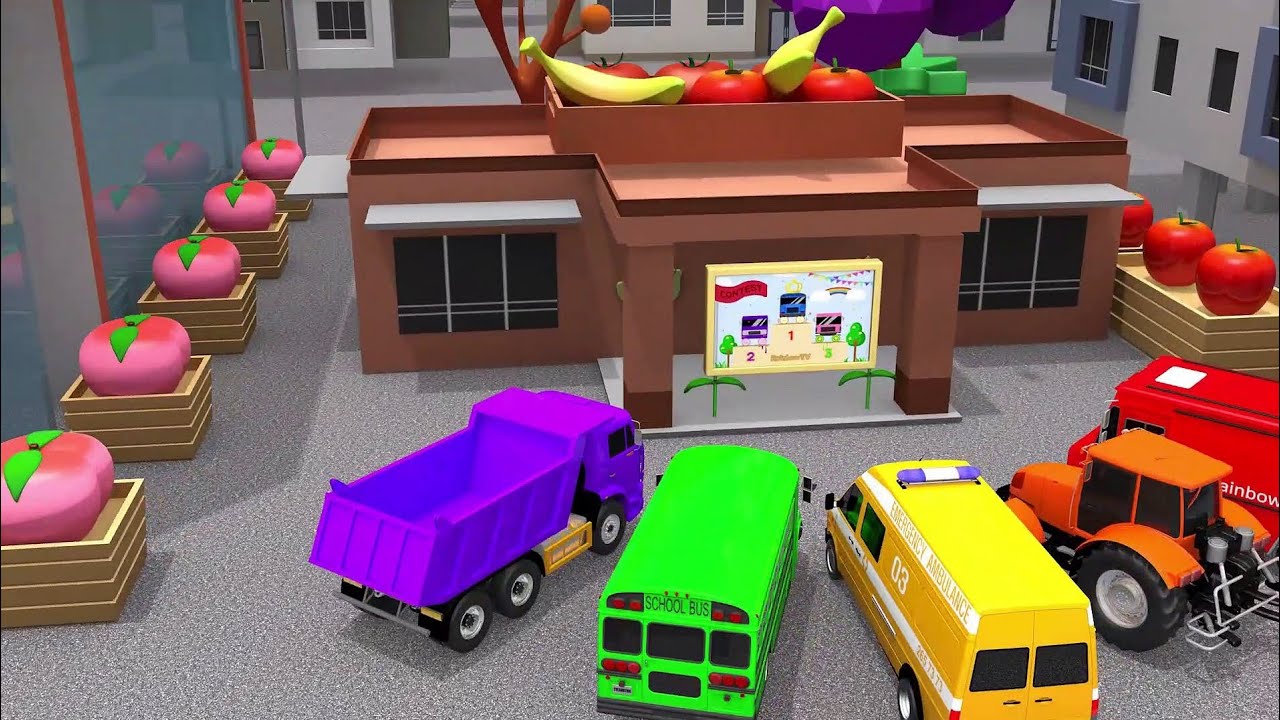 Assemble Fruit Wheel Learn Colors with Street Vehicle on Banana Slide ...