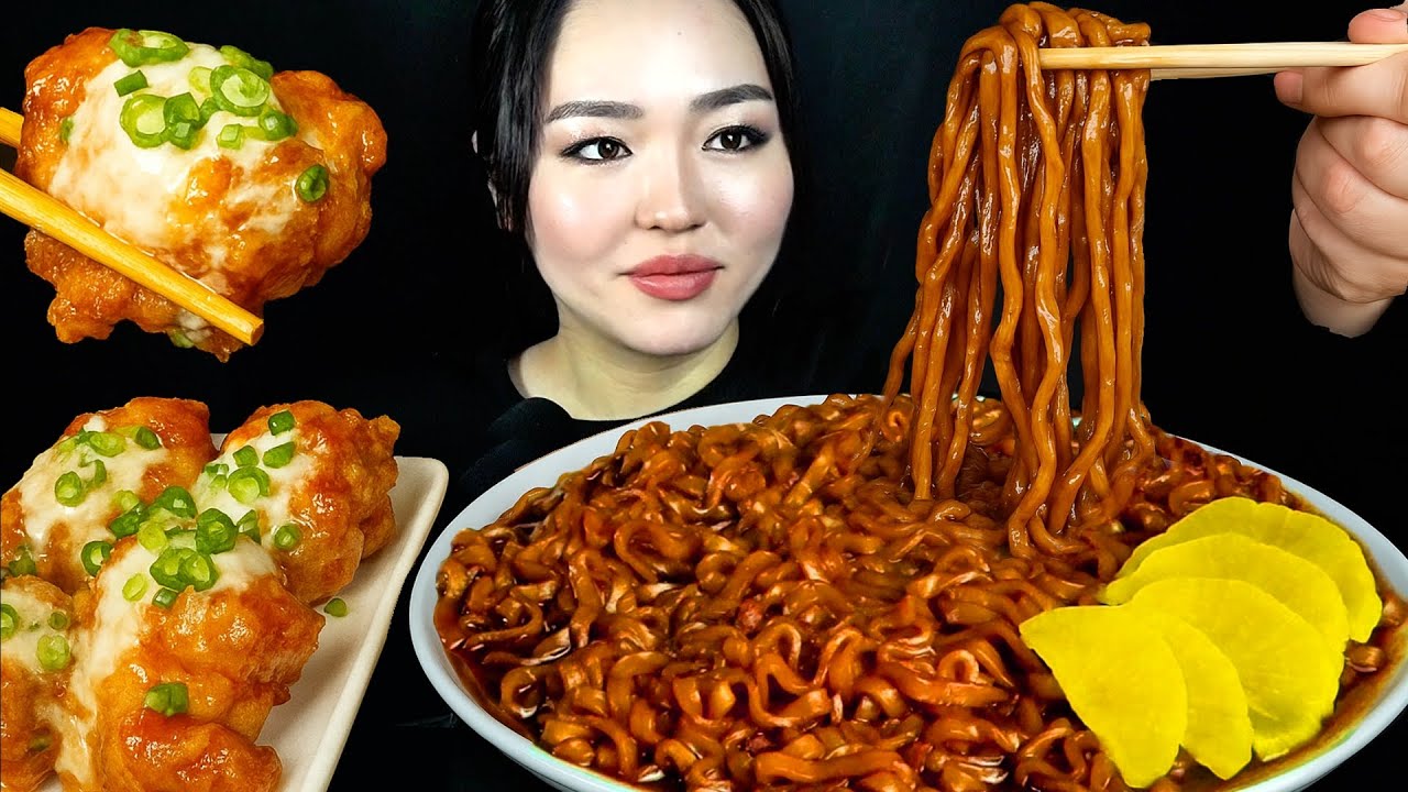 ASMR Black Bean Noodles & Spicy Fried Chicken | English subs | Eating ...