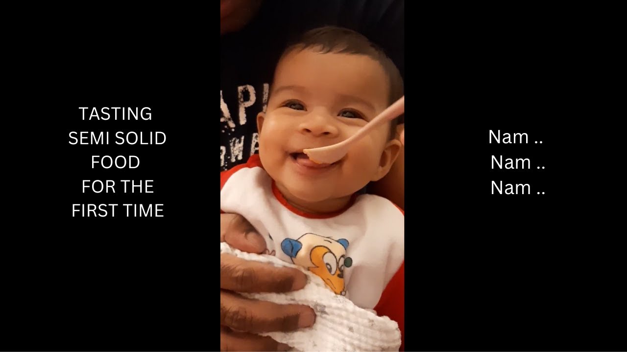 Ray. tries semi-solid food for the first time ( at 4 months) - YouTube