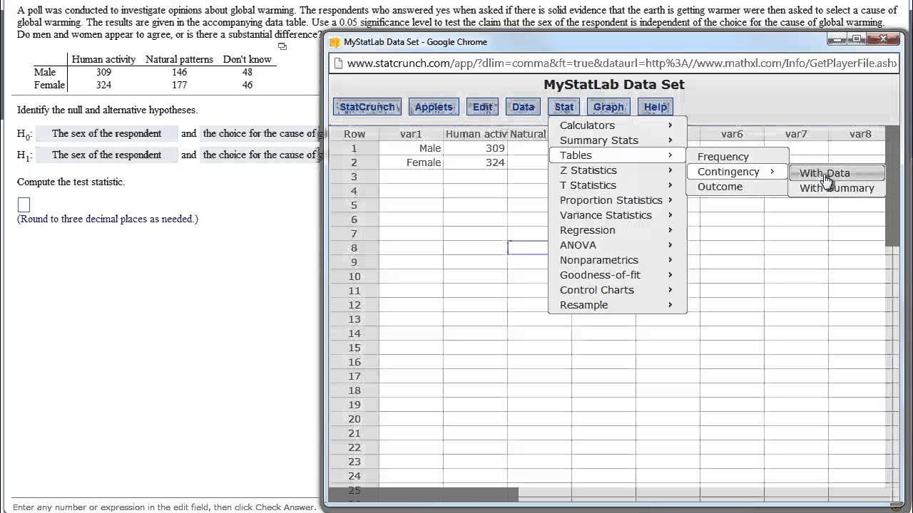 StatCrunch - Chi Square Contingency Table Example - YouTube