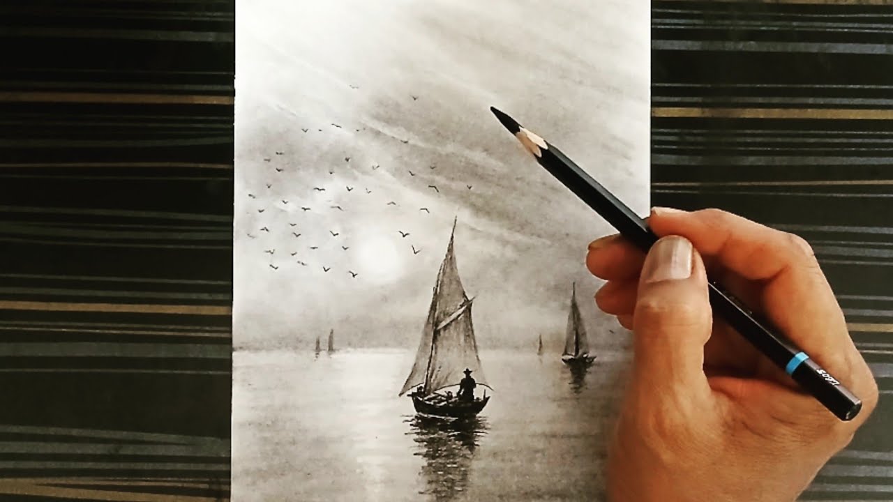 Sunset boating live streaming pencil drawing for beginners. - YouTube