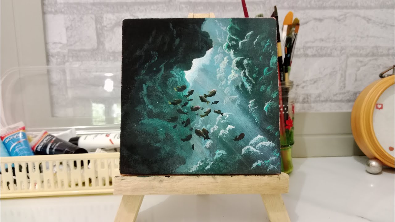 Cara melukis pemandangan goa bawah laut / acrylic painting - YouTube