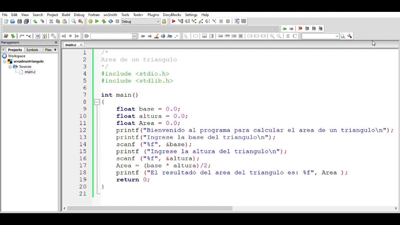 Como calcular ( Área de un triangulo) Programacion en C, código en codebloks - YouTube