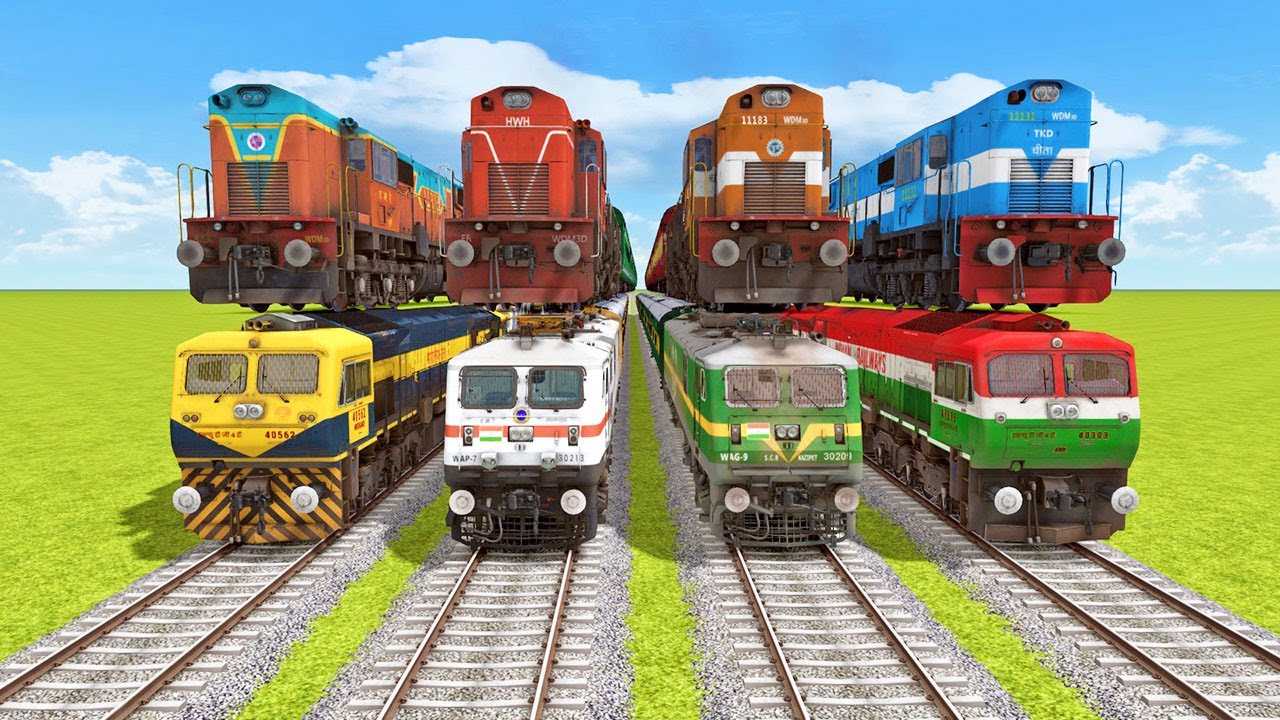 8 TRAINS CROSSING ON BUMPY FORKED RAILROAD CROSSING | TRAIN ON TOP OF ...