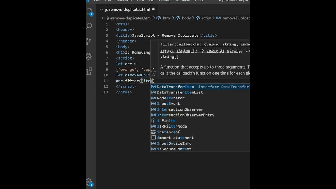 Js Removing Duplicate Elements Javascript Webdevelopment Shorts Youtube
