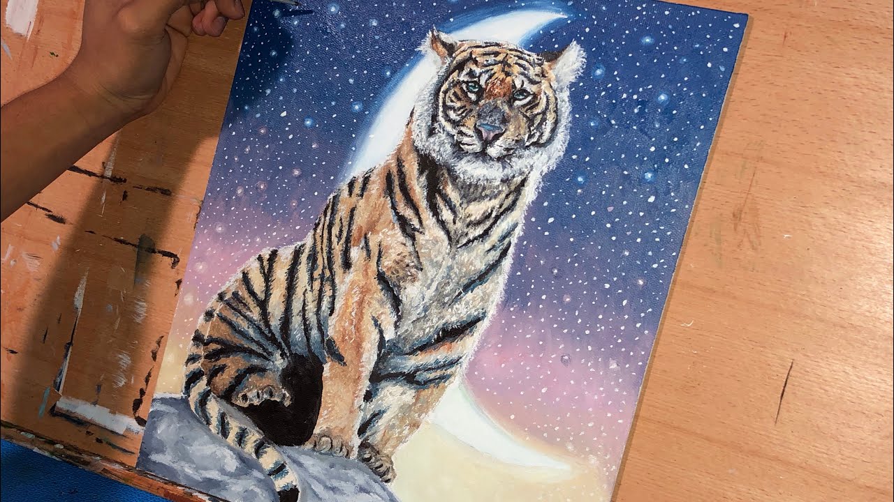 Tiger and Moon Oil Painting Timelapse - YouTube