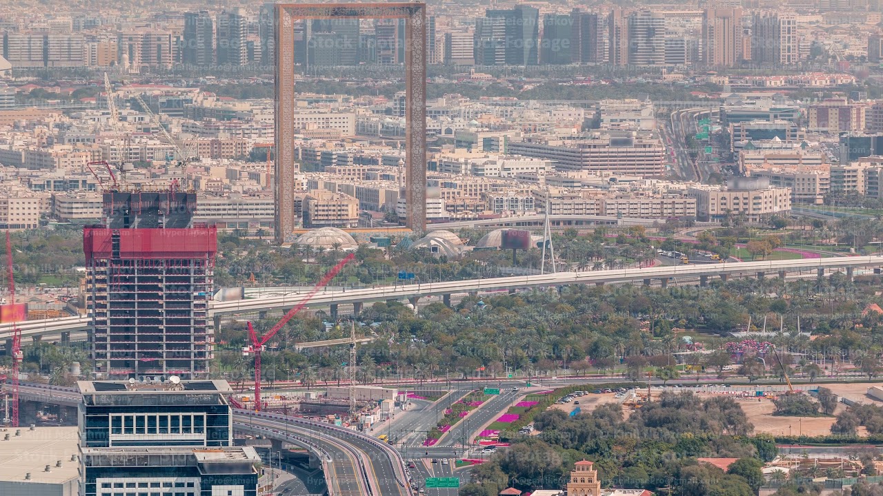 Aerial view to financial and zabeel district timelapse with traffic and ...