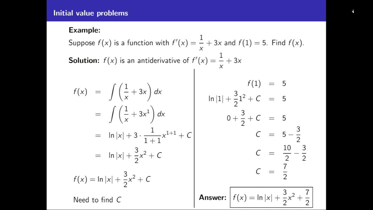 Calculus I, Lecture 39A: Initial Value Problems - YouTube