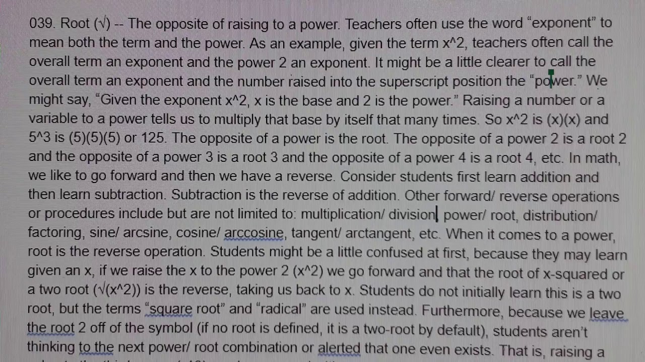 CreatorMath.com Algebra 1 Vocabulary 039. Root (√) -- The opposite of ...
