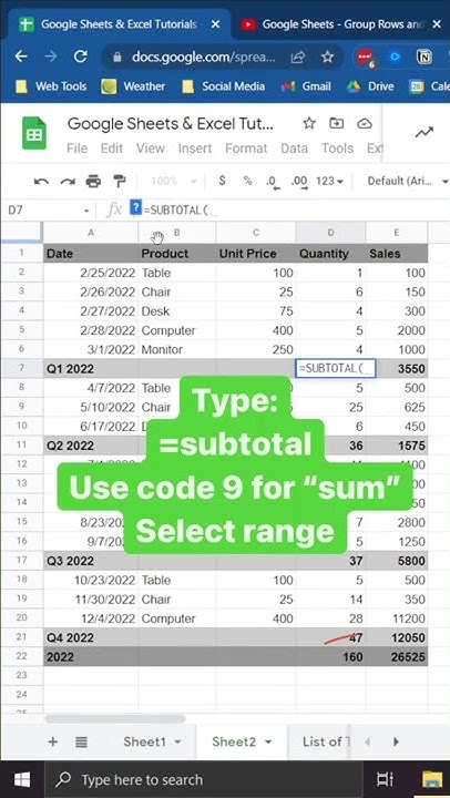 How to use the Subtotal function in google sheets and excel - YouTube